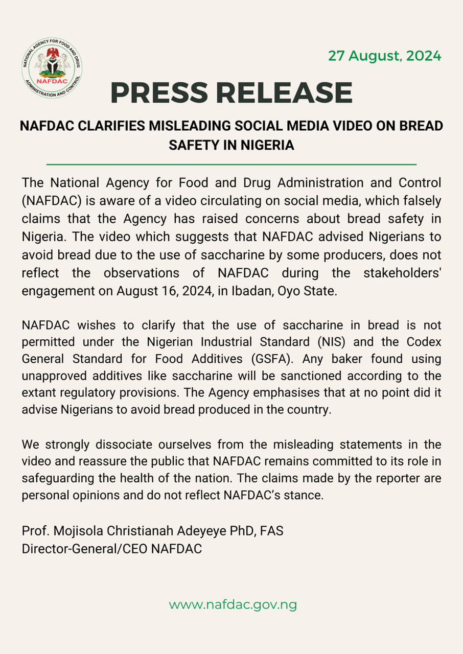 NAFDAC debunk misleading claims on bread safety in Nigeria - The Yoruba ...